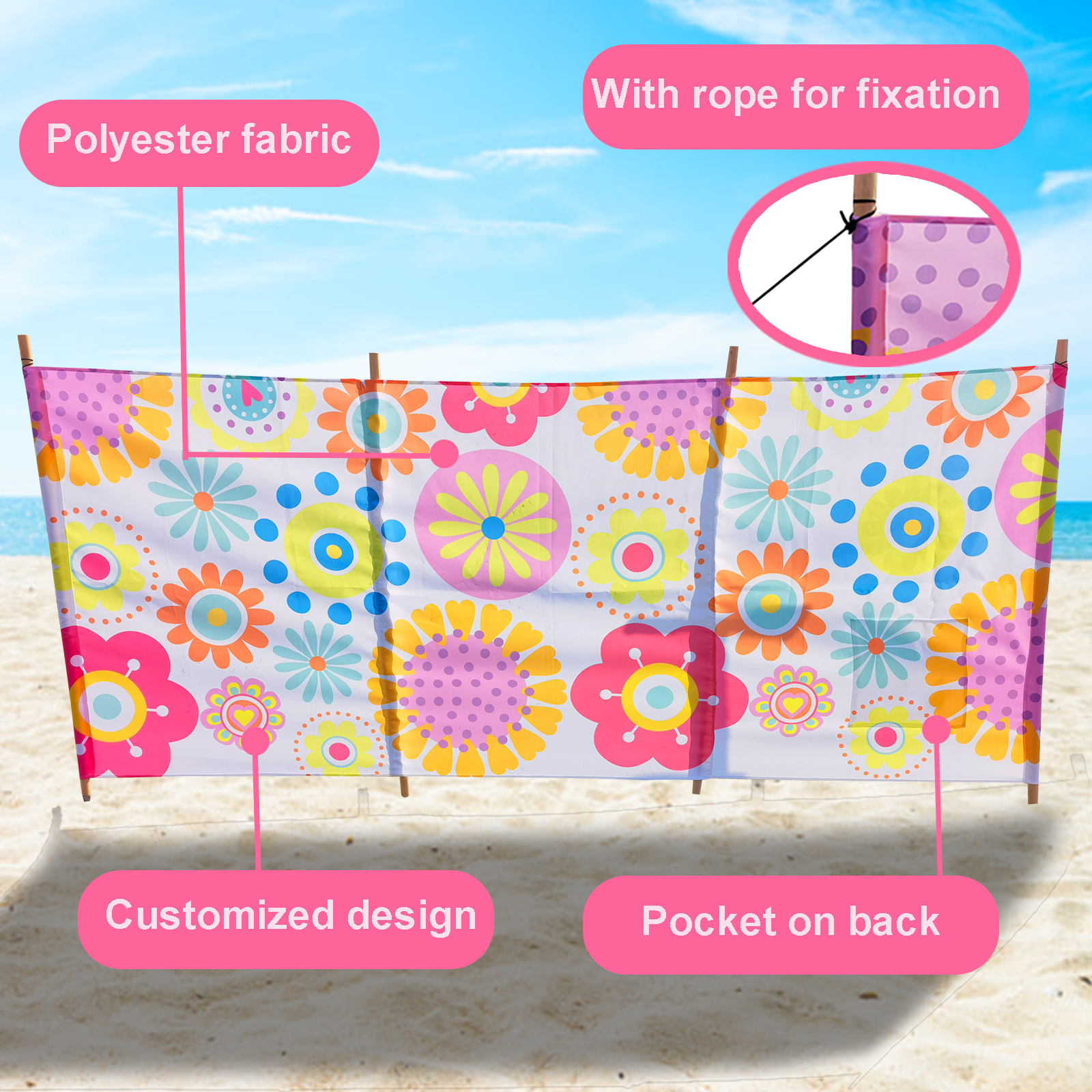 New Daisy Windbreaks Beach FenceFabric Material With Wooden Poles ...